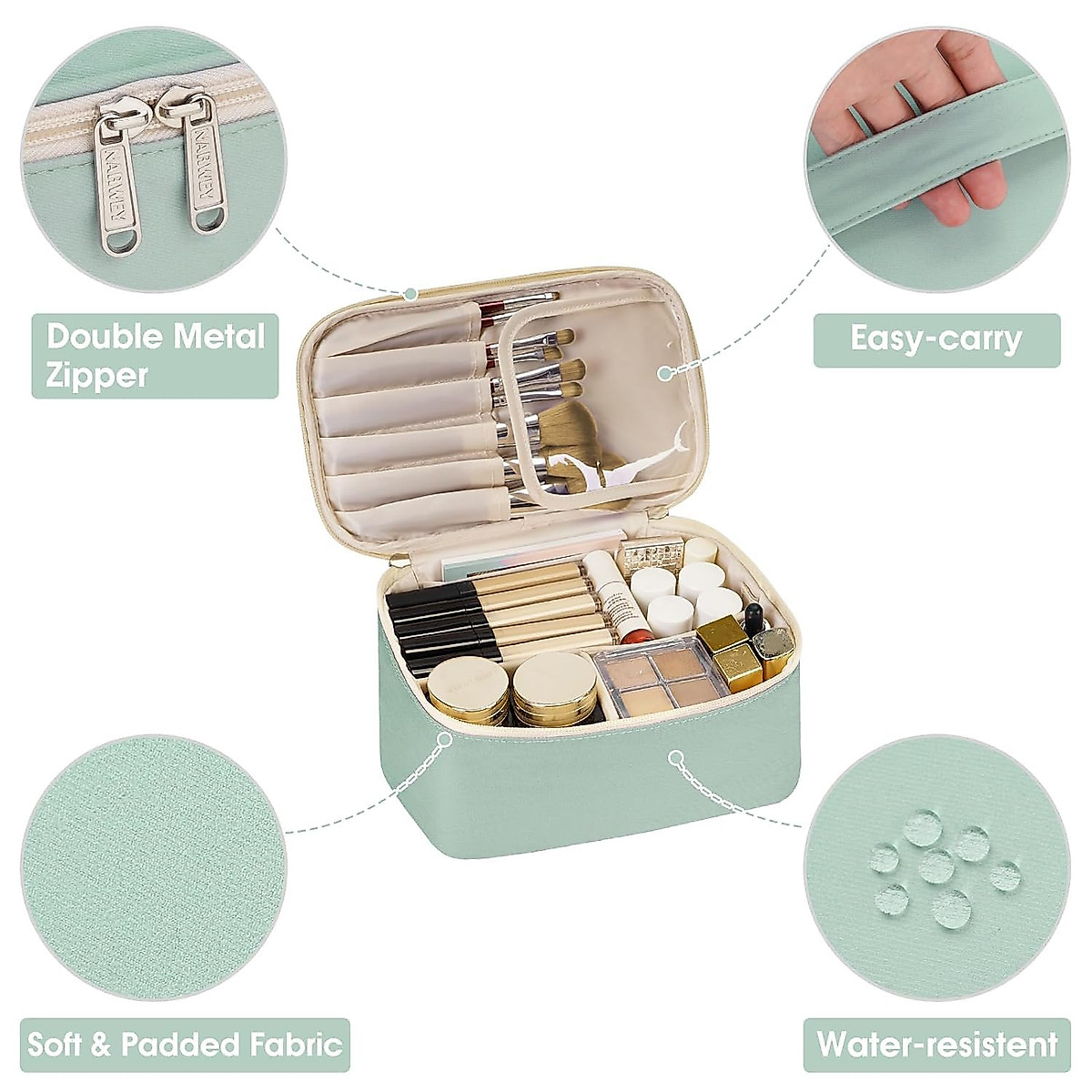 Narwey Travel Makeup Bag with Brush Compartments, Portable Cosmetic Bag Make up Bag Makeup Organizer Case with Brush Storage for Women (Mint Green)