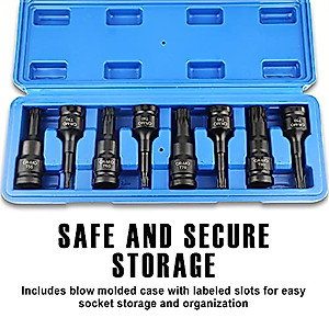 8PCS 1/2 Inch Torx Impact Socket Sets, T30 T40 T45 T50 T55 T60 T70 T80 Cr-Mo One-Piece Construction 3-Inch Socket Bits Set