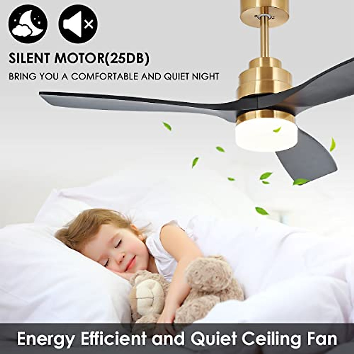 52" Outdoor Ceiling Fan with Light and Remote, Black Gold Ceiling Fan Light with Quiet DC Motor and 3 Solid Blades Noiseless Reversible Fan for Bedroom, Patio, 6-Speed Timer