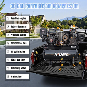 HPDMC 13HP Gas Powered Air Compressor 35CFM Electric Start Gasoline Driven Piston Pump Air Compressed System with 125PSI Max. Pressure and 30 Gal ASME Tank for Workshop, Construction Sites, Machinery