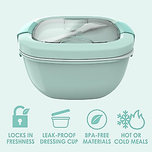Bentgo Salad Container - 54 oz Bowl with 4-Compartment Toppings Tray, Leak-Proof Dressing Container, Reusable Fork, BPA-Free Lunch Box for Meal Prep & Food Storage; Removable Bento Tray (Coastal Aqua)