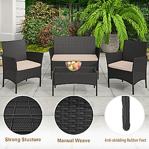 NChanmar Patio Furniture Set, 4 Pieces Outdoor Furniture Rattan Chair, Patio Table and Chairs Set, Wicker Sofa for Yard,Pool and Backyard, Red