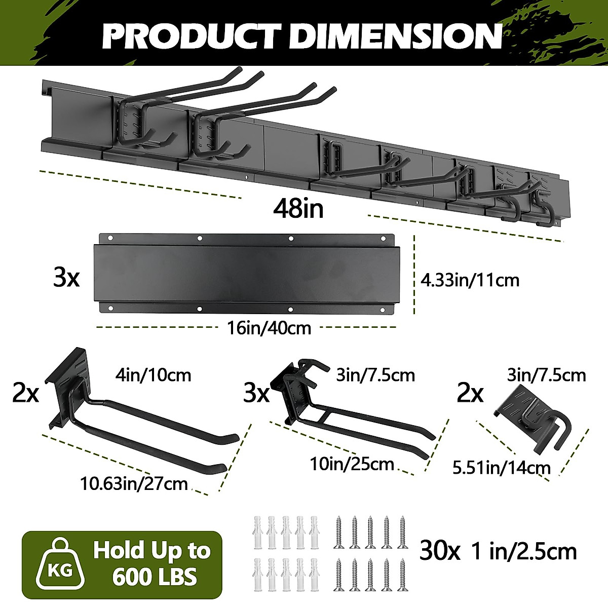MAXTBEE Garden Tools Organizer Garage Storage Wall Mount,48 Inches Rails Adjustable 7pcs Metal Hooks,Yard Storage Rack Heavy Duty-600lbs Capacity for Hanging Garage Tools Garden Snowboard Mop Storage