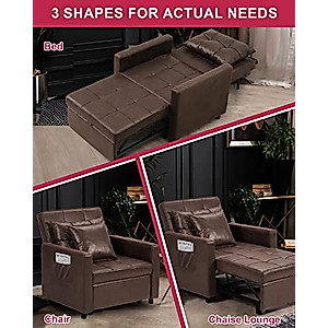 Litbird Convertible Chair Sleeper Bed, Futon Chair Turns Into Bed, Sofa Chair for Living Room, 3 in 1, Imitation Leather, Brown…