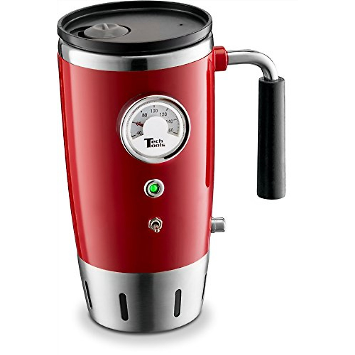 Tech Tools Heated Car Travel Mug - Keeps Your Bevrege Hot - Retro Style - Stainless Steel 12 Volts (Red)