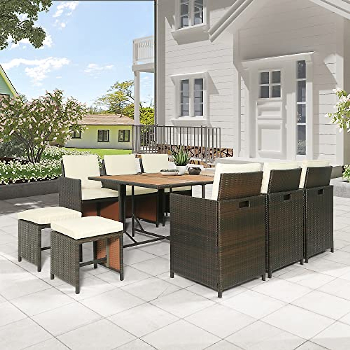 EMKK 11-Piece Patio All-Weather PE Wicker Dining Table Wood Tabletop for 10, Rattan Sectional Sofa Conversation Furniture Set w/Ottoman,Cushion, OneSize, Brown