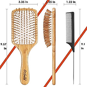 Hair Brush-Natural Wooden Bamboo Brush and Detangle Tail Comb Instead of Brush Cleaner Tool, Eco Friendly Paddle Hairbrush for Women Men and Kids Make Thin Long Curly Hair Health and Massage Scalp
