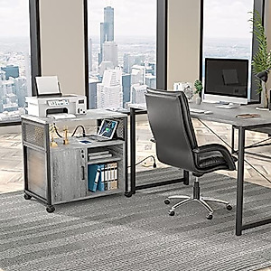 Unikito Rolling File Cabinet Lateral Office Filing Cabinets with Socket and USB Charging Port, Modern Printer Stand on Wheels Printer Cabinet with Door and Open Storage, Lockable, Black Oak