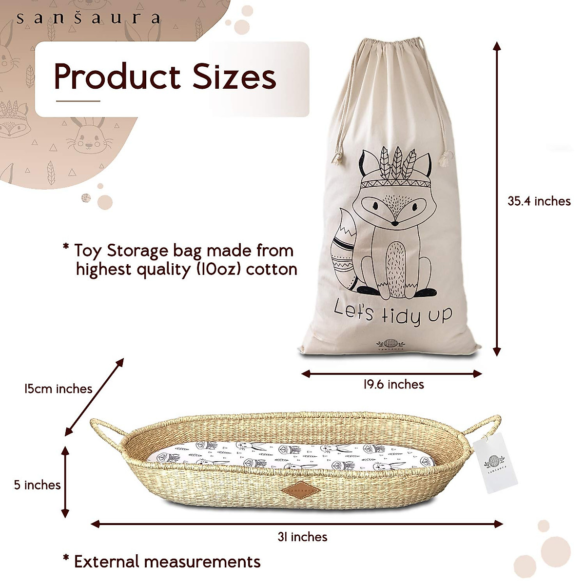 Sansaura Nursery Set - Seagrass Baby Changing Basket, Diaper Basket, with Thick Waterproof Pad & 100% Cotton Fitted Sheet, Toy Storage Bag, Woodland Designs, Shower Gift for Newborns, Boho nursery