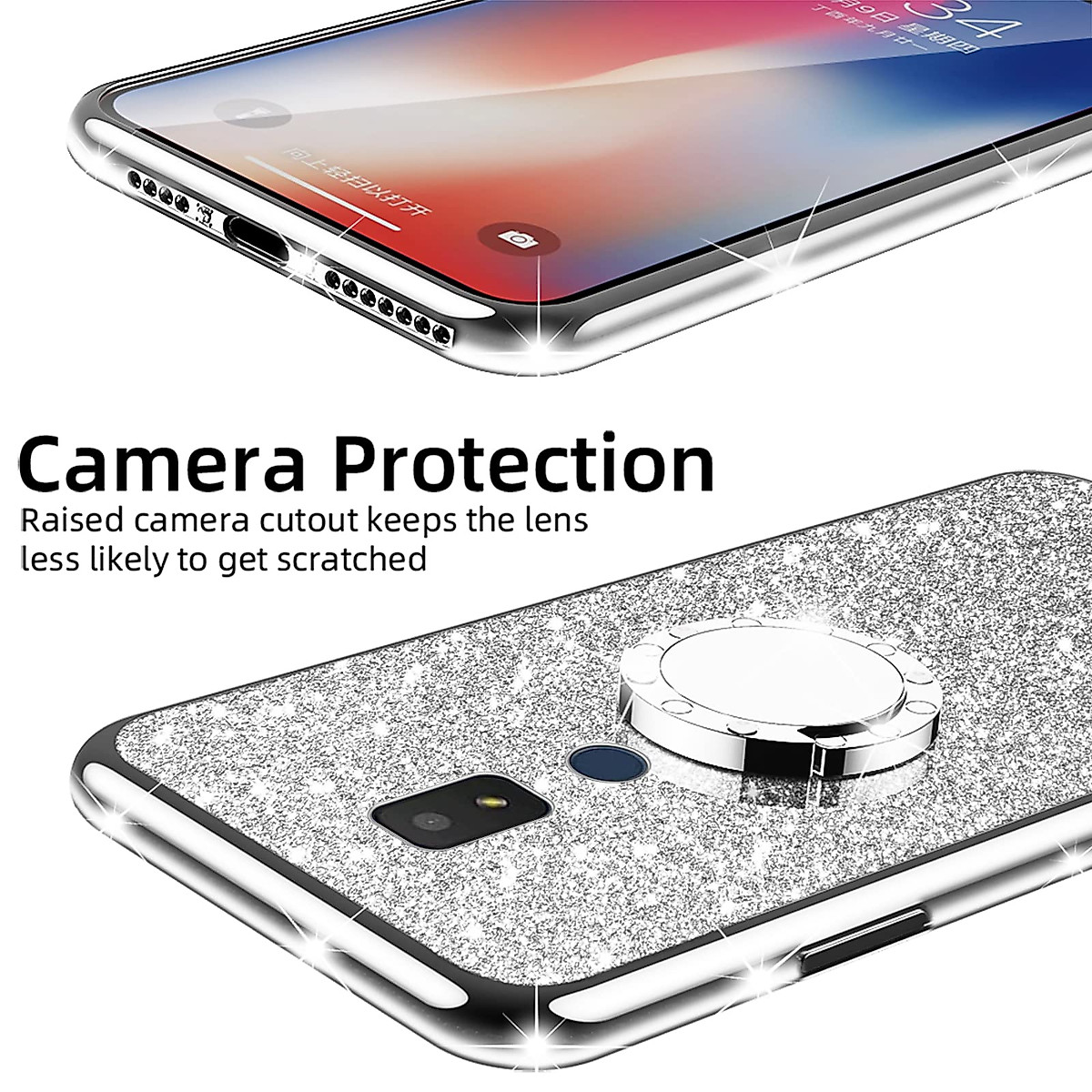 for Cricket Icon 3 Phone Case (3rd Version) Cute Girls Women Glitter Soft Silicone Case with Ring Stand Strap Lanyard Shockproof Protection Cover for Cricket Splendor / At&t Motivate 2 (2nd) - Silver