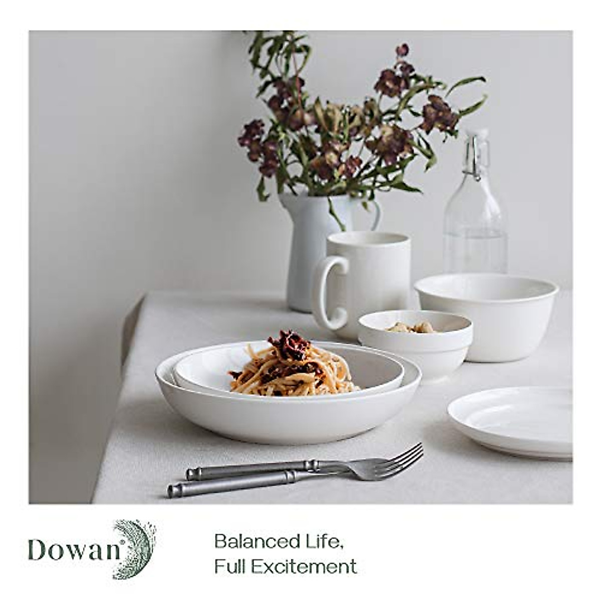 DOWAN 9.75" Large Pasta Bowls, Ceramic Salad Bowls 50 Ounce, Shallow Pasta Bowls Set of 4, Serving Bowls and Plates Set, Microwave and Dishwasher Safe, White