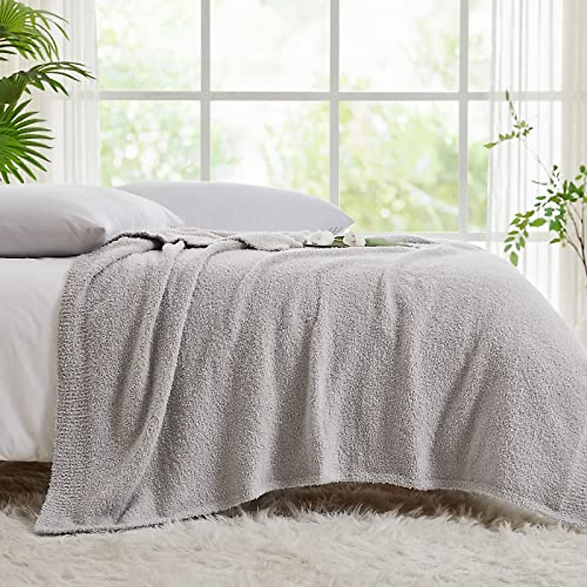 CYMULA Knit Throw Blanket for Couch Light Grey - Super Soft Lightweight Plush Fuzzy Fluffy Warm Cozy Blankets and Throws for Sofa Bed, 50x60 inches
