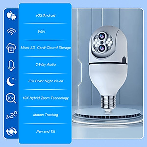 Light Bulb Security Camera, Upgrade 10X Digital Zoom Light Bulb Camera, WiFi Dual Lens Indoor Outdoor Light Socket Security Camera with APP/Color Night Vision/Motion Tracking/Two-Way Audio