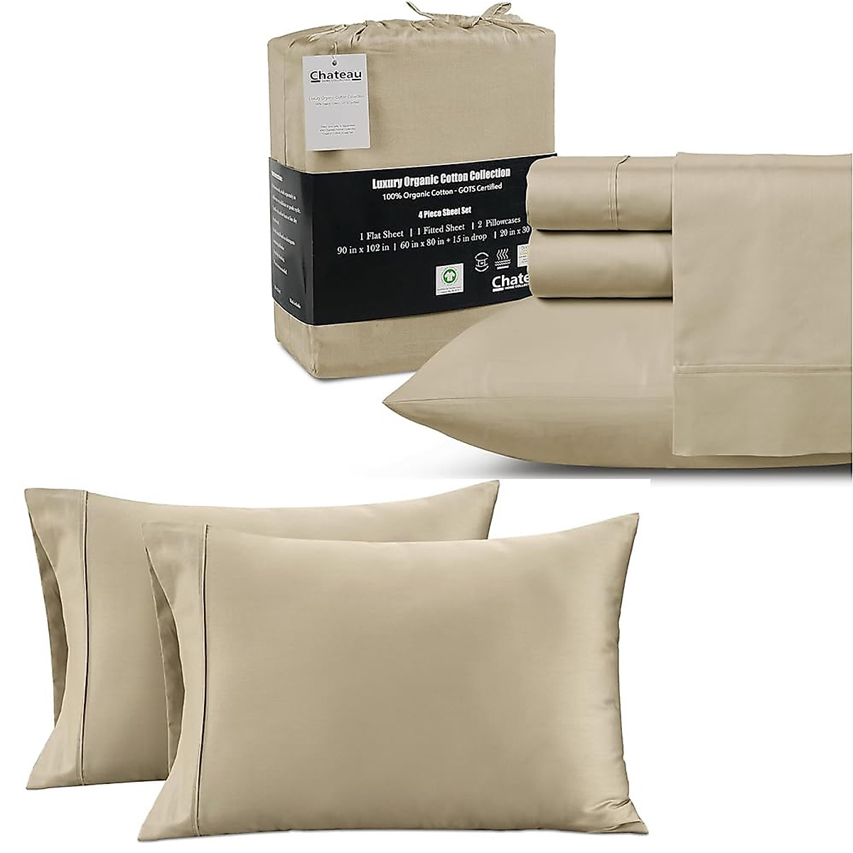 100% Organic Cotton Queen Sheet Set & Standard Pillowcases Set of 2 Combo- 300 Thread Count Long Staple Cotton Sheets,3 Pc Queen Size Sheets & Standard Pillowcases, Sateen Sheets, Breathable - Tan