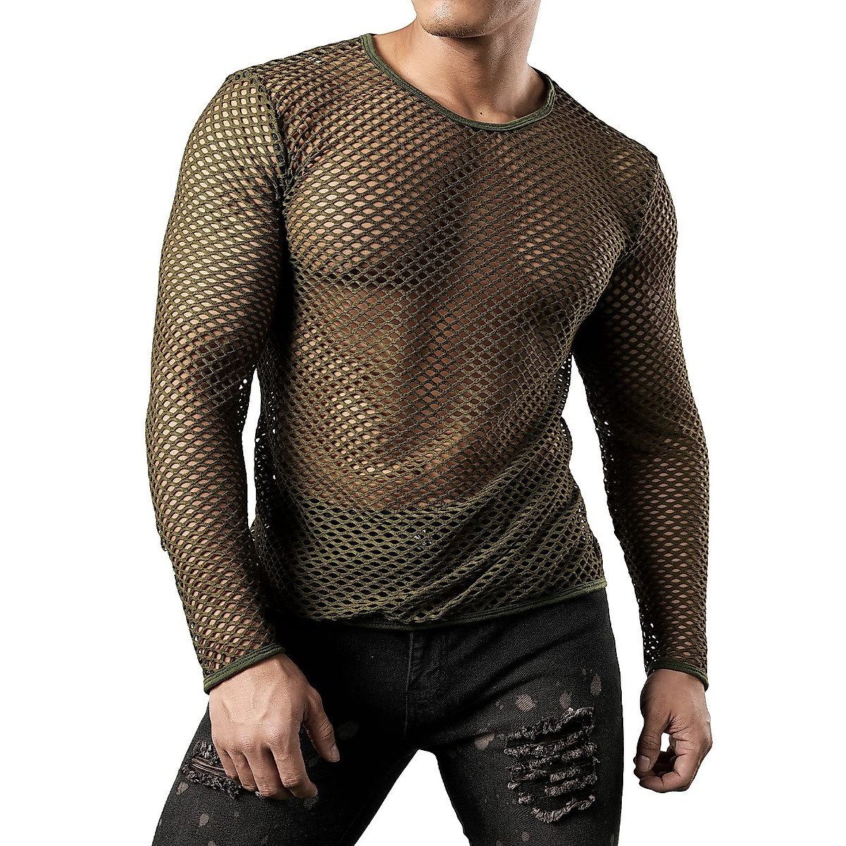 JOGAL Men's Mesh Fishnet Fitted Long Sleeve Muscle Top Small WG04 ArmyGreen