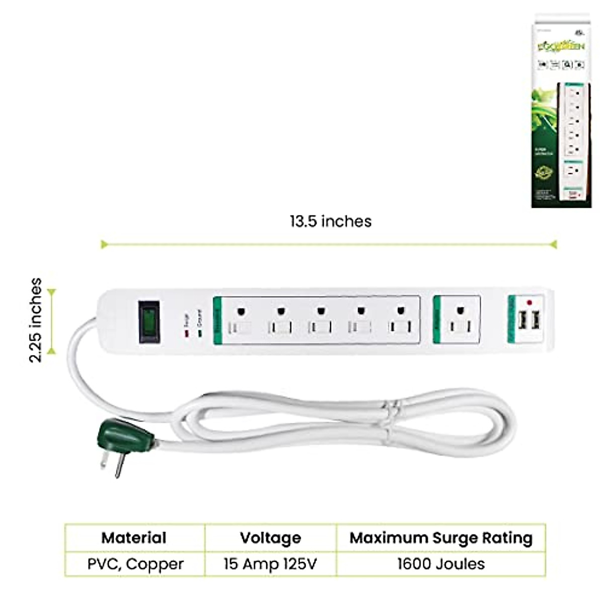 GoGreen Power GG-16326USB 6 Outlet Surge Protector with 2 USB Ports, White, 6 ft Cord