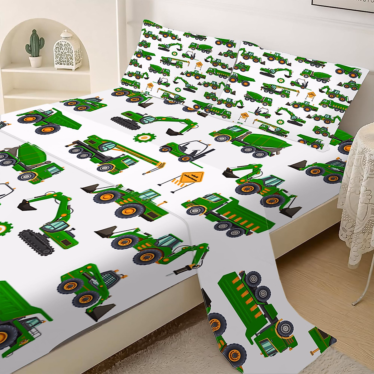 EDGZKO Sheet Set Green Tractor: Queen Size Cartoon Excavator Truck Bed Sheets for Boys Kids Toddler Deep Pocket Construction Vehicle 4PC Bedding Set 1 Fitted Sheet & 1 Flat Sheet & 2 Pillowcases