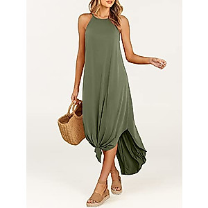 ANRABESS Women's Summer Casual Halter Neck Sundress Sleeveless Split Maxi Long Beach Dress with Pockets 991ganlanlv-M Olive