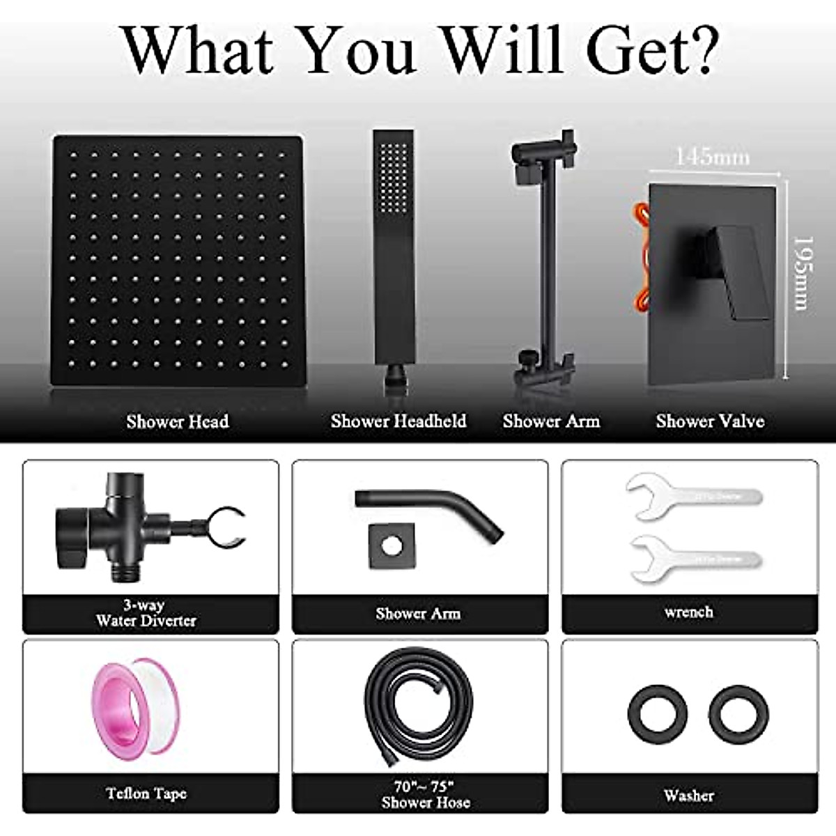 Psylc All Metal Shower Faucet Set (10-Inch Matte Black)/Rain Shower Head With Handheld (Including Pressure Balance Rough-in Valve), Dual Showerhead Combo/Square Rainfall Shower System For Bathroom