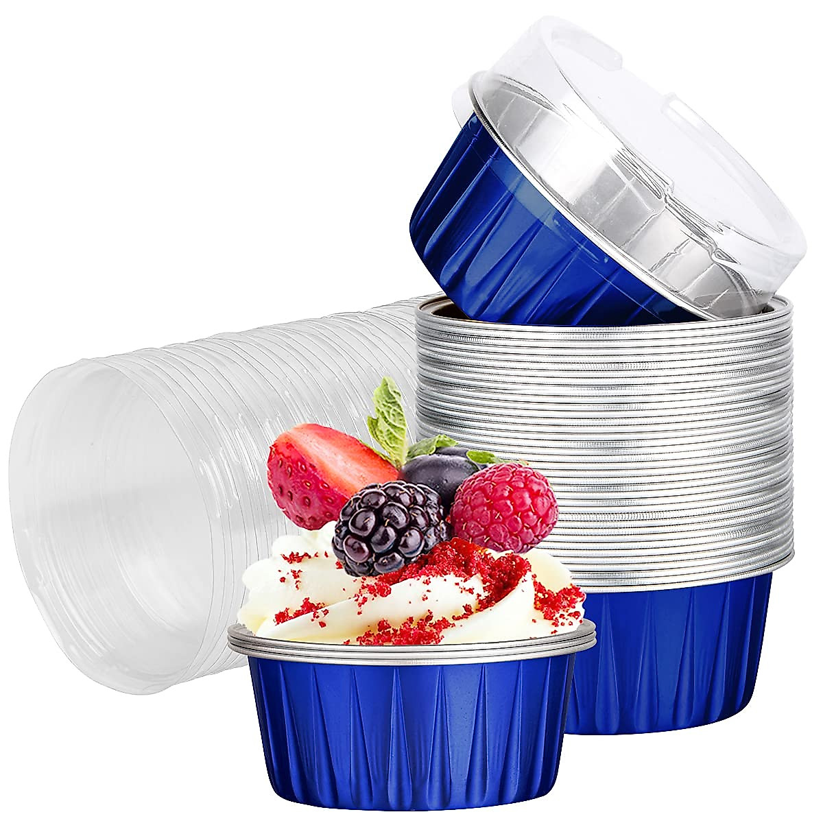 Desserts Foil baking Cups, 5 oz 100 pcs Reusable Cupcake Cups with Lids, Pie Ramekins, Pudding Cups Cake Pans for Wedding,Christmas,Kitchen,Birthday Party,Various Holiday Parties