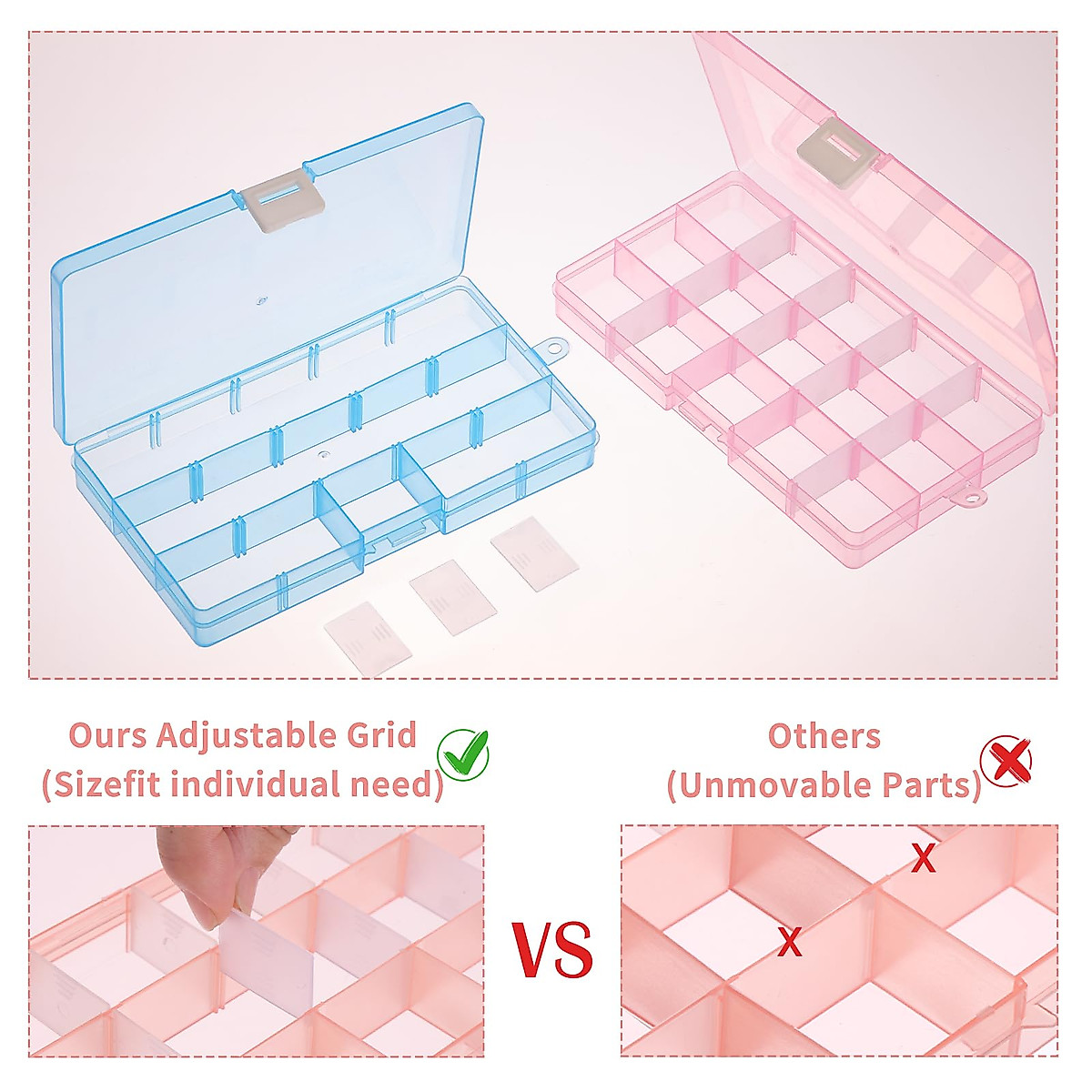 QUEFE 4 Pack 15 Grids Bead Organizers and Storage, Small Plastic Jewelry Organizer Box with Removable Dividers for Beads Earring Storage Containers(6.9 x 3.9 x 0.9 Inches)