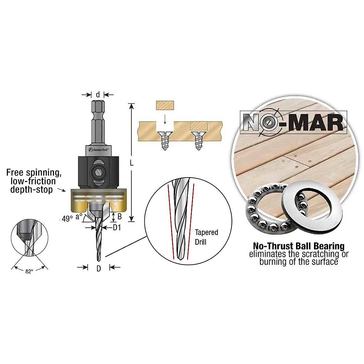 Amana Tool 55151 Carbide Tipped 82 Degree Countersink with Tapered Drill and Adjustable Depth Stop with No-Thrust BB 3/8 D x 1/8 Drill D x 1/4 Inch Quick Release Hex SHK