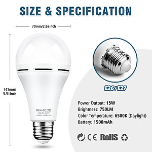 FanNicoo 1500mAh Emergency LED Light Bulbs, Battery Backup Rechargeable Bulbs with Hook Switch 15W 80W Equivalent Bulbs for Power Outage Camping Hiking (6500K Daylight 2Pack)