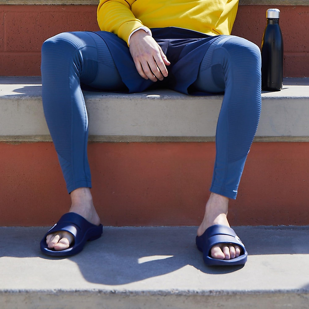 OOFOS OOahh Sport Slide Sandal, Navy White - Men’s Size 10, Women’s Size 12 - Lightweight Recovery Footwear - Reduces Stress on Feet, Joints & Back - Machine Washable - Hand-Painted Graphics