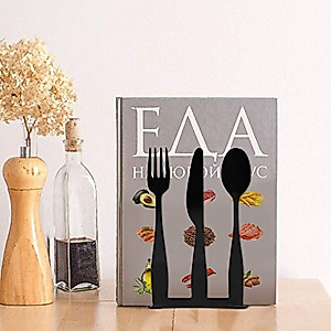 Cookbook Bookends Kitchen Fork Knife Spoon Book Ends Support with Non-slip pad, Black Metal Cookery Book Holder for Kitchen Shelf Mothers Day Teachers Day Housewarming Cooking Lover Gifts (1 Pair)