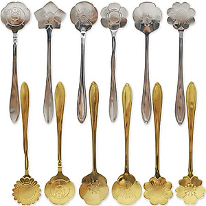 TIHOOD 16PCS Stainless Steel Flower Coffee Spoon Dessert Spoon Sugar Spoon Ice Cream Spoon Stirring Spoon Tea Spoon Milkshake Spoon Set for Tableware Kitchen, Cafe or Bar (Silver and Gold)
