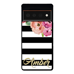 Golden Gold Personalized Flowers Black White Black Rubber Phone Case Compatible With Google Pixel 8 Pro, 8a, 8, 7a, 7, Pixel 7 Pro, 6a, Pixel 6 Pro, 6, 5, 4a 5G, 4a 4G, 4, 4 XL, 3a, 3a XL, 3