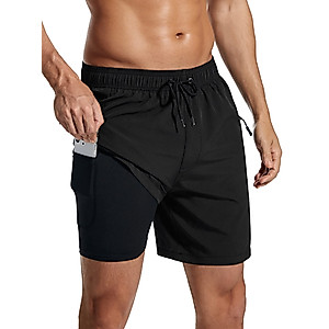 SILKWORLD 7 Inch Swim Trunks for Men Swimsuit with Compression Liner Bathing Suit Quick Dry Swim Shorts with Zipper Side Pockets,Black,Large
