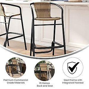 Flash Furniture Lila Commercial Grade Rattan Indoor-Outdoor Commercial Restaurant Barstool - Rattan Seat and Back - Footrest - Medium Brown