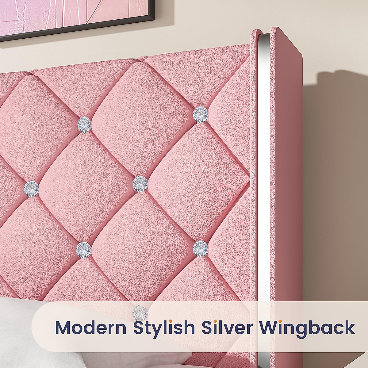 HOMBCK Twin Bed Frame, Upholstered Bed Frame with Diamond Tufted Headboard, Twin Bed Frames for Girls, Cute Princess Bed, Faux Leather, Wooden Slats Support, No Box Spring Needed, Pink