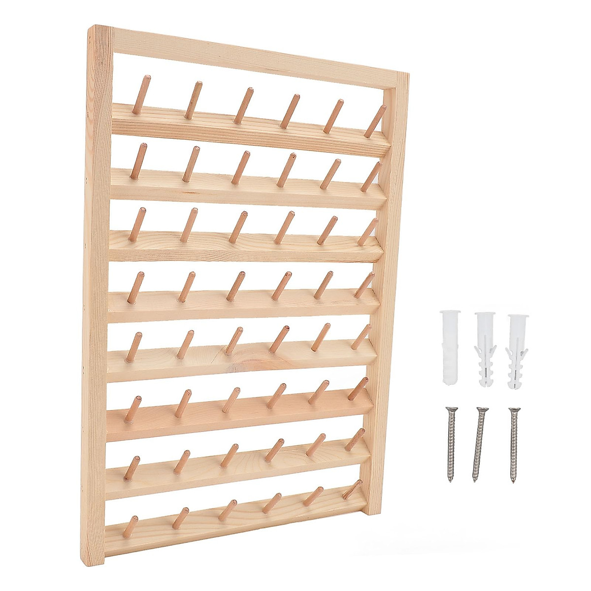48 Spools Wooden Thread Holder, Wall Mounted Sewing Thread Rack with Hanging Hooks, Embroidery Spool Sewing Thread Organizer for Sewing Quilting Braiding