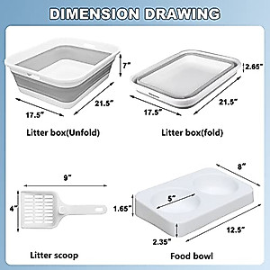 KAQUMAO Senior Cat Litter Box Set, Include Low Entry Senior Cat Litter Box, Low Profile Double Food Bowl, Senior Cat Wand Toy, Cat Litter Scoop (Milky White)