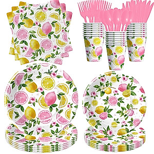 Suhelkit Lemon Party Decorations Tableware For Girls - Lemon Birthday Party Supplies, Plate, Napkin, Cup, Cutlery, Summer Pink Lemon Baby Shower Bridal Shower Table Decorations Dinnerware | 24 Guests