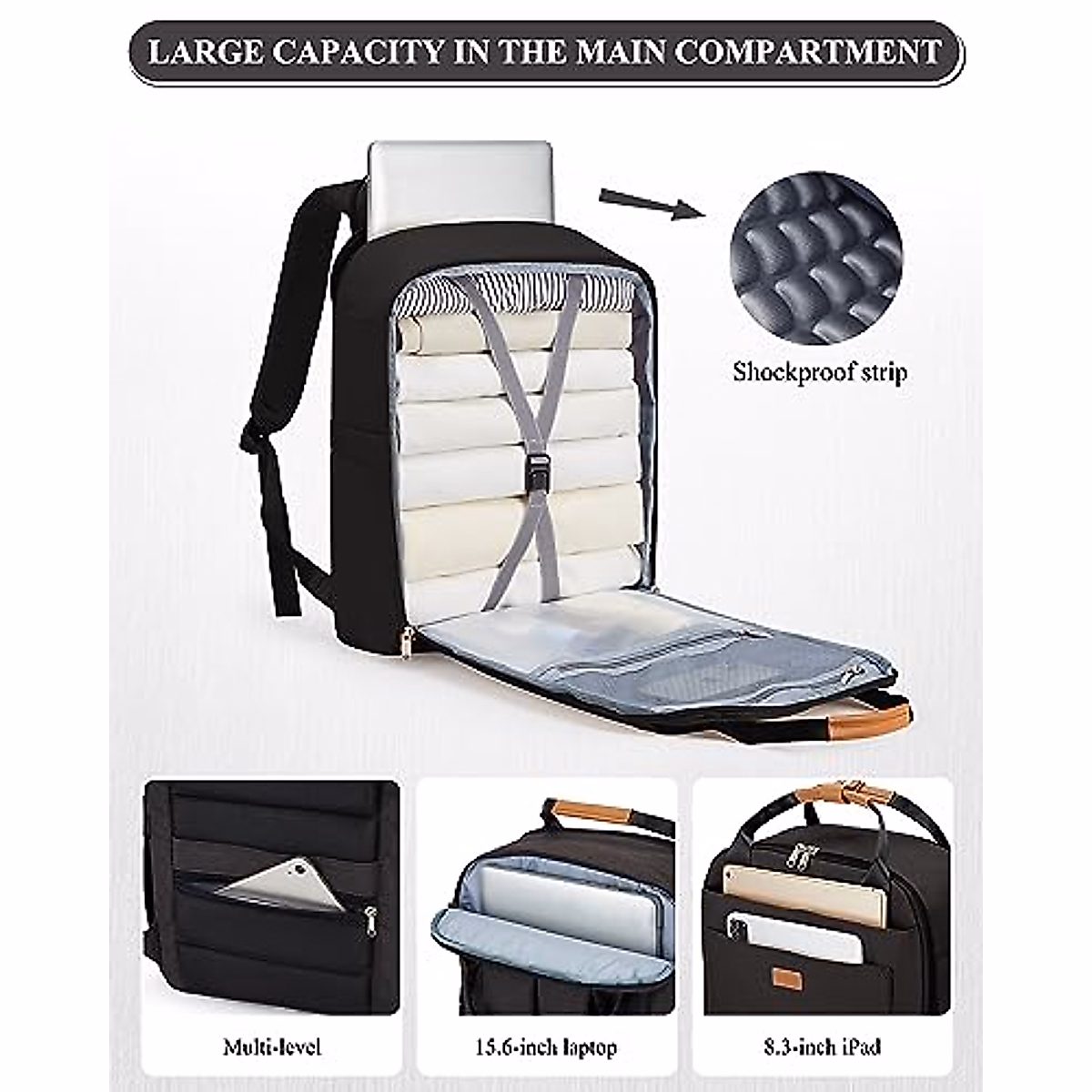 UPPACK Travel Backpack for Women Men Carry on Backpack for Airplanes Large Hiking Back Pack Black Personal Item Backpack Suitcase Overnight Backpack Laptop Backpack 15.6 Inch