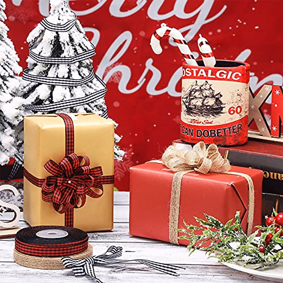 Christmas Ribbons Black Red Buffalo Plaid Fabric Ribbon Black and White Checked Gingham Ribbon 25 Yards Natural Burlap Ribbons Rustic Wrapping Ribbon for DIY Craft Party Decor (0.4 Inch)