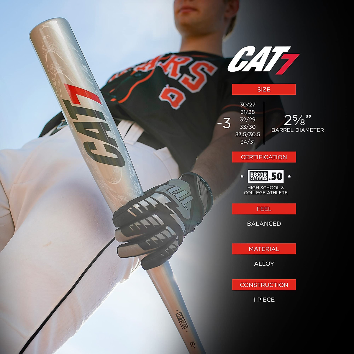 Marucci CAT7 Silver -3 BBCOR Baseball Bat, 2 5/8" Barrel, 34"/ 31 oz