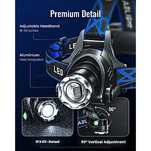 LED Rechargeable Headlamp, 800 Lumens Super Bright Head Lamp with T6 Lamp Bead & Long Endurance Rechargeable Battery, Zoom & IPX45 Head Lamps with 3 Modes for Fishing, Camping,and Repairing(Blue)