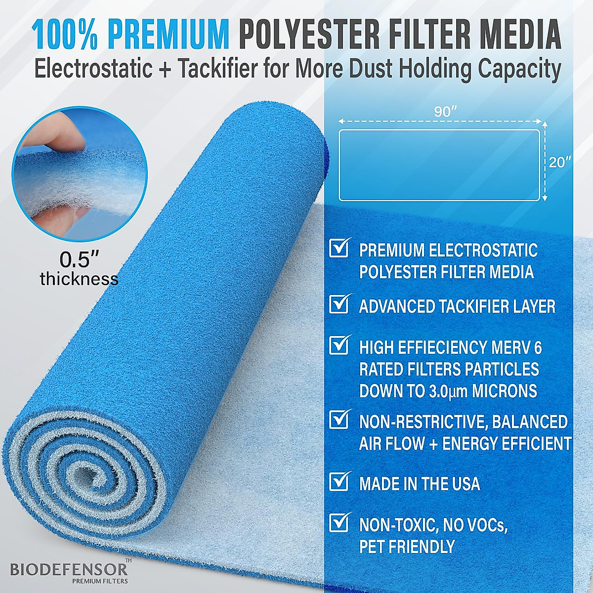 Biodefensor Air Vent Filter Kit - Made in USA Large 90"x20" MERV 6 Electrostatic Roll, Cut to Fit All Floor Registers, Grilles, Ceiling, Wall HVAC Furnce Vents - Includes Adhesive Hook Tape, Prep Pad