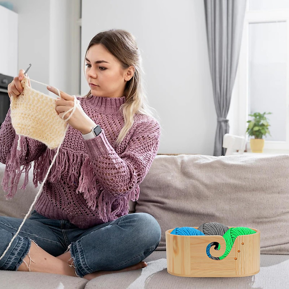 MTJYQYF Wooden Knitting Bowl Yarn Bowl - Crochet Bowls for Yarn, Handmade Yarn Holder Bowl for Crocheting and Knitting Gift for Mom Wife Girlfriend & Knitting Lovers - 11x6.1x4.7 in