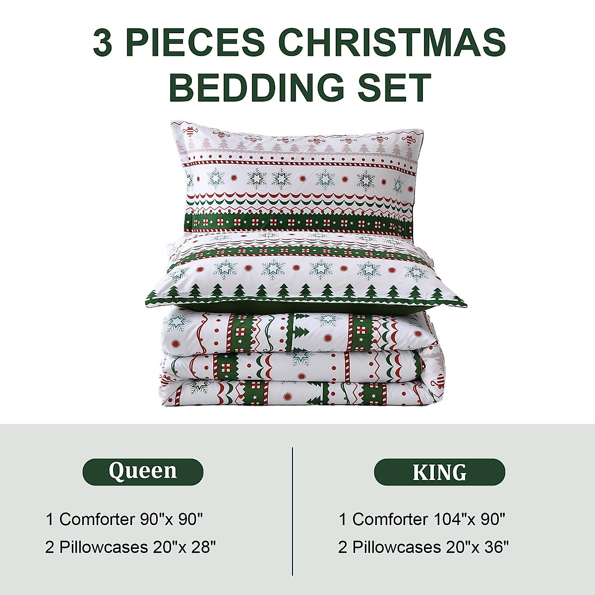 Dinjoy Christmas Comforter Set King Size, Green White Snowflake Christmas Tree Printed Pattern Holiday Bedding Set 3 Pieces, Soft Microfiber Xmas Holiday New Year Gift Bed Comforter 104" x 90"