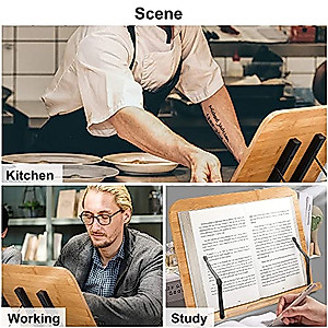 Readaeer Bamboo Book Stand, Large Book Holder with 6 Adjustable Height, Foldable Cookbook Stand Desktop Document Holder for Kitchen & Office (13.4 x 9.3 Inch)