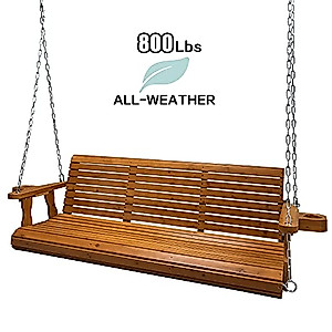 Wooden Porch Swing 3-Seater, Bench Swing with Cupholders, Hanging Chains and 7mm Springs, Heavy Duty 800 LBS, for Outdoor Patio Garden Yard, Brown-5 feet