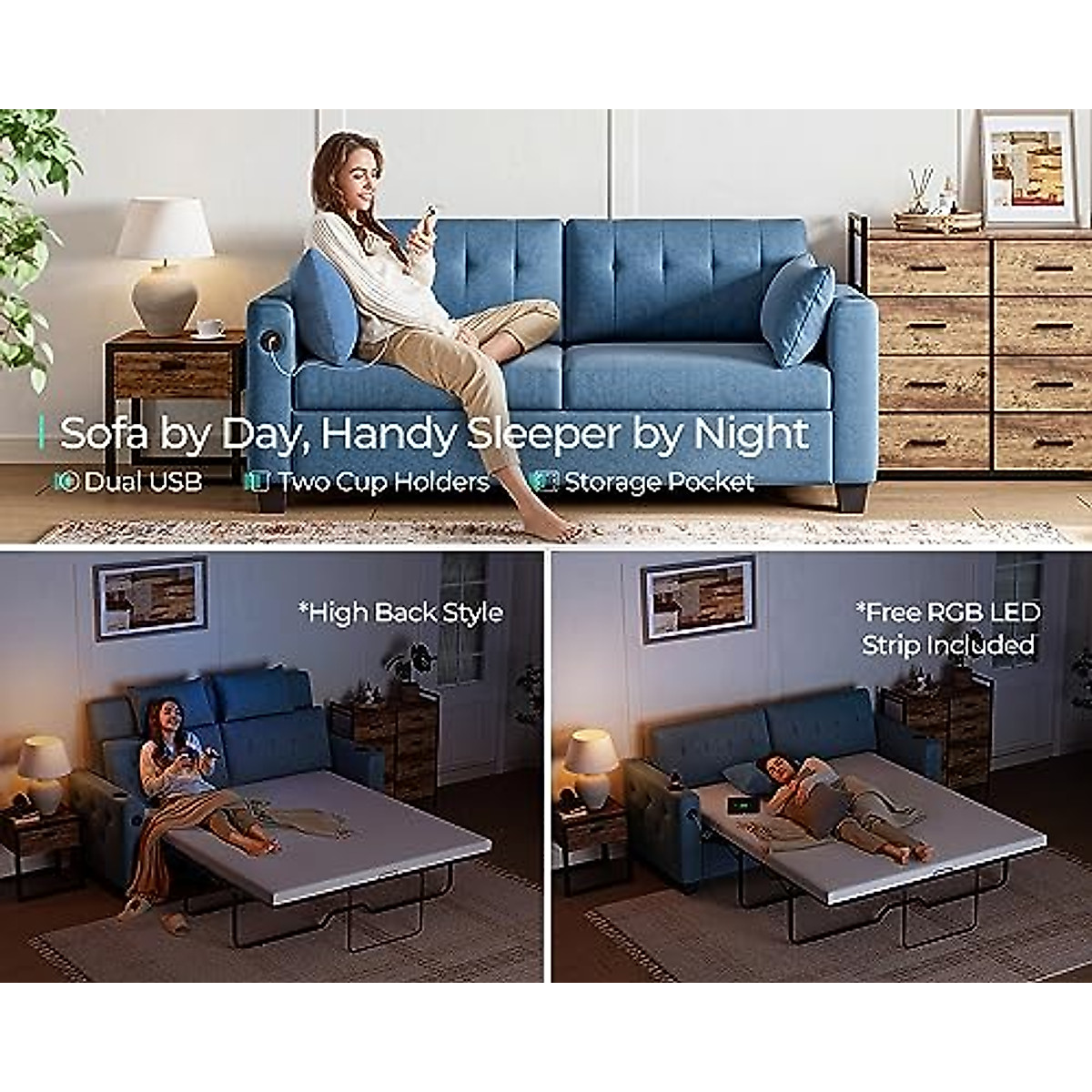 LINSY HOME Pull Out Sofa Bed, Queen Sleeper Sofa Couch with Memory Foam Mattress and Solid Wood Bed Frame, Covers Removable and Washable, Pullout Couch for Home Office, Blue, Queen Size