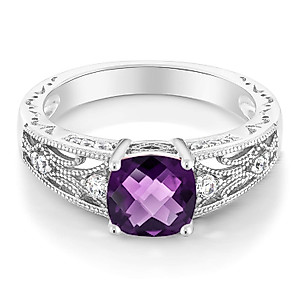 Gem Stone King 0.86 Ct Cushion Checkerboard Purple Amethyst 925 Sterling Silver Ring (Size 7)