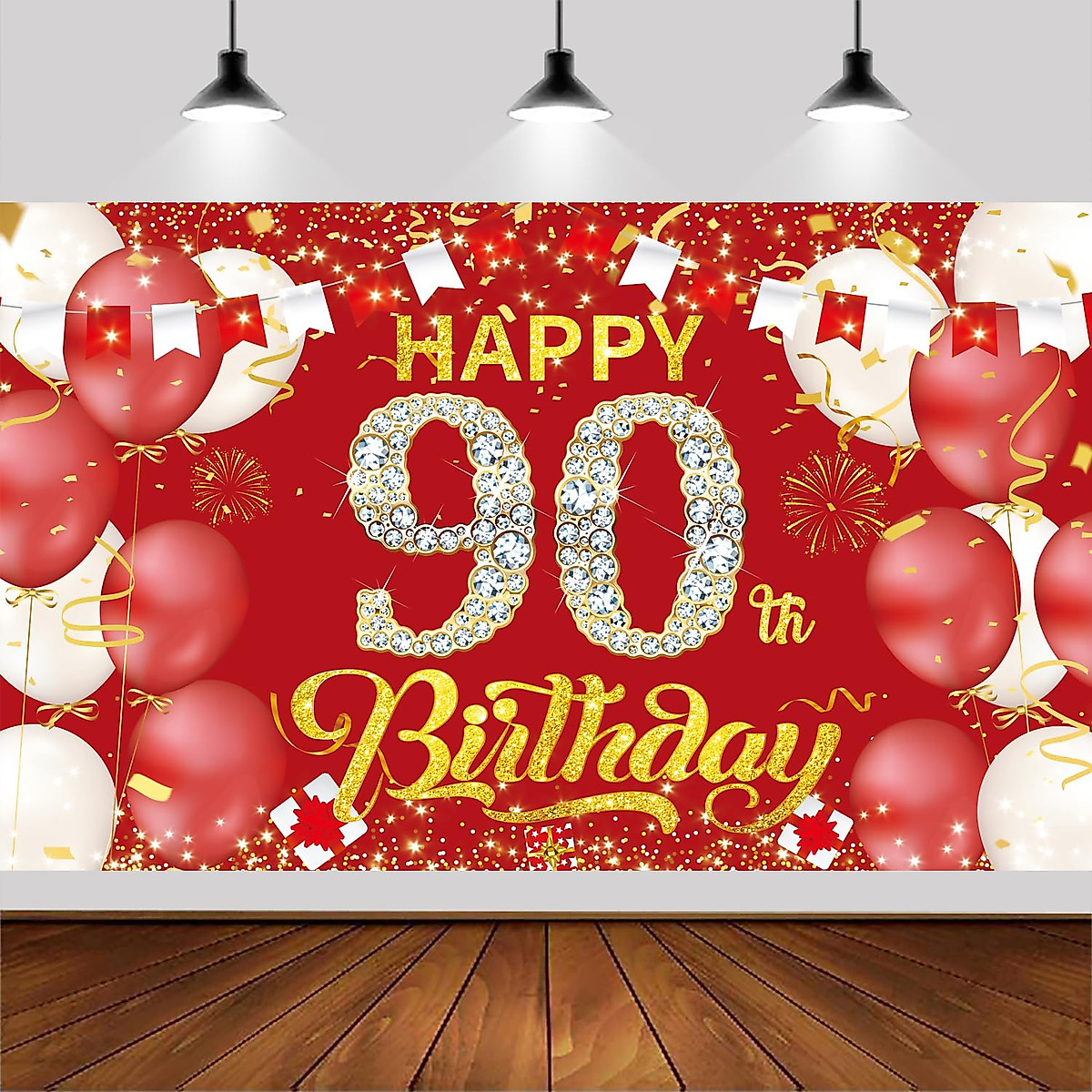 6x3.6FT Red Gold 90th Happy Birthday Backdrop,Red Gold Happy Birthday Photography Background Banner for Birthday Party Backdrop for Men Women Birthday Party Supplies Decoration.
