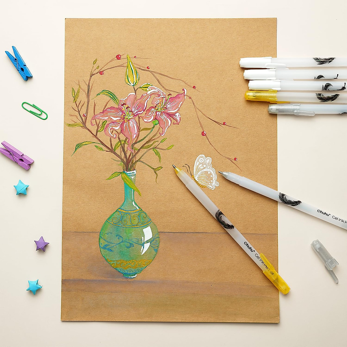 Ohuhu Gel Ink Pens: 12 Pack Extra Fine Point Pens Opaque Gel Ink Pens Smooth White Ink Pens for Highlight Black Paper Art Drawing Scrapbook Bullet Journal - Leahi (White, Gold & Silver Ink Pen)